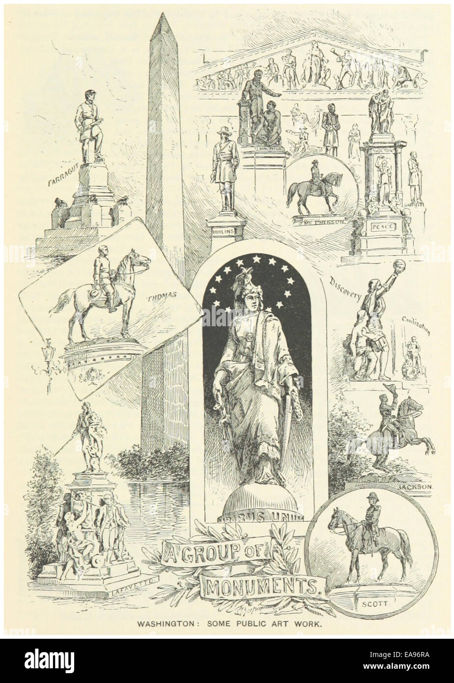 This 1891 illustration showcases several monuments in Washington, D.C ...