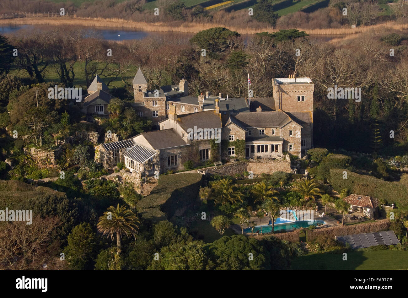 Tresco, Scilly Isles, showing Tresco Abbey and a view of the islands ...