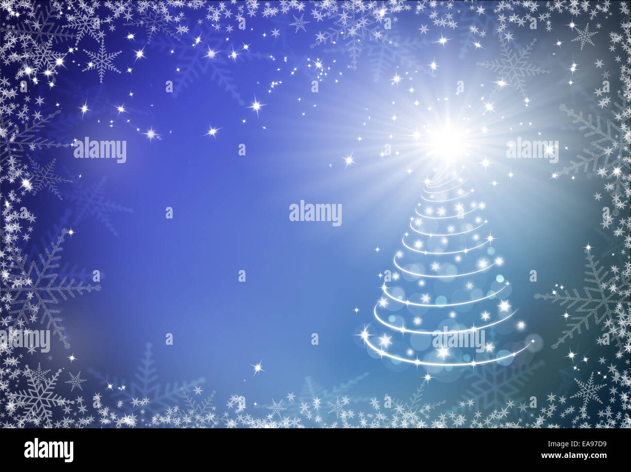 Christmas blue background with snowflakes frame and Christmas tree ...