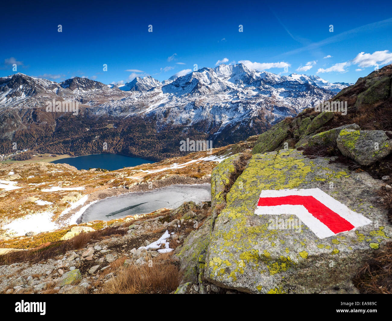 Marked path in Swiss Alps, Engadine Saint Moritz, Switzerland Stock ...