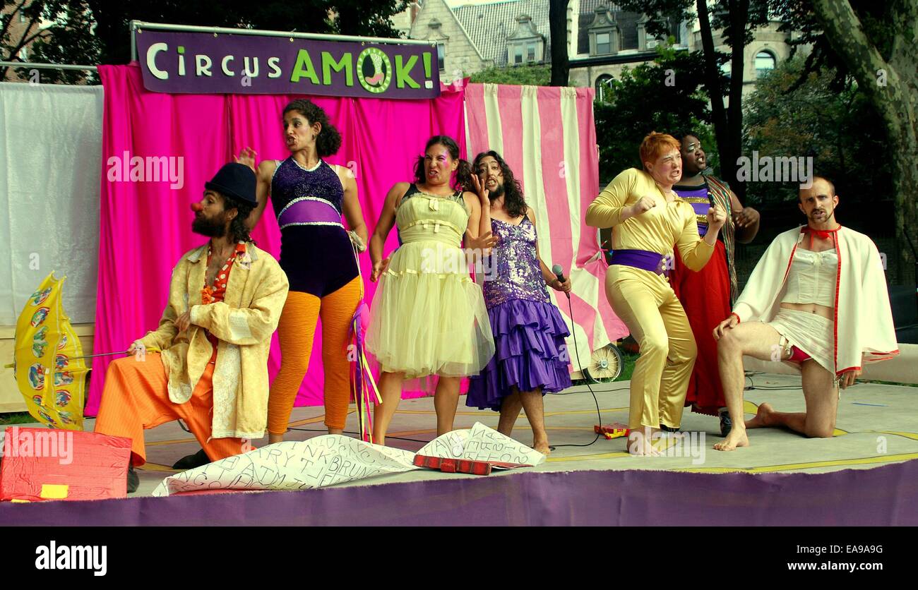 New York City: Cast members of the Circus Amok troupe performing their ...