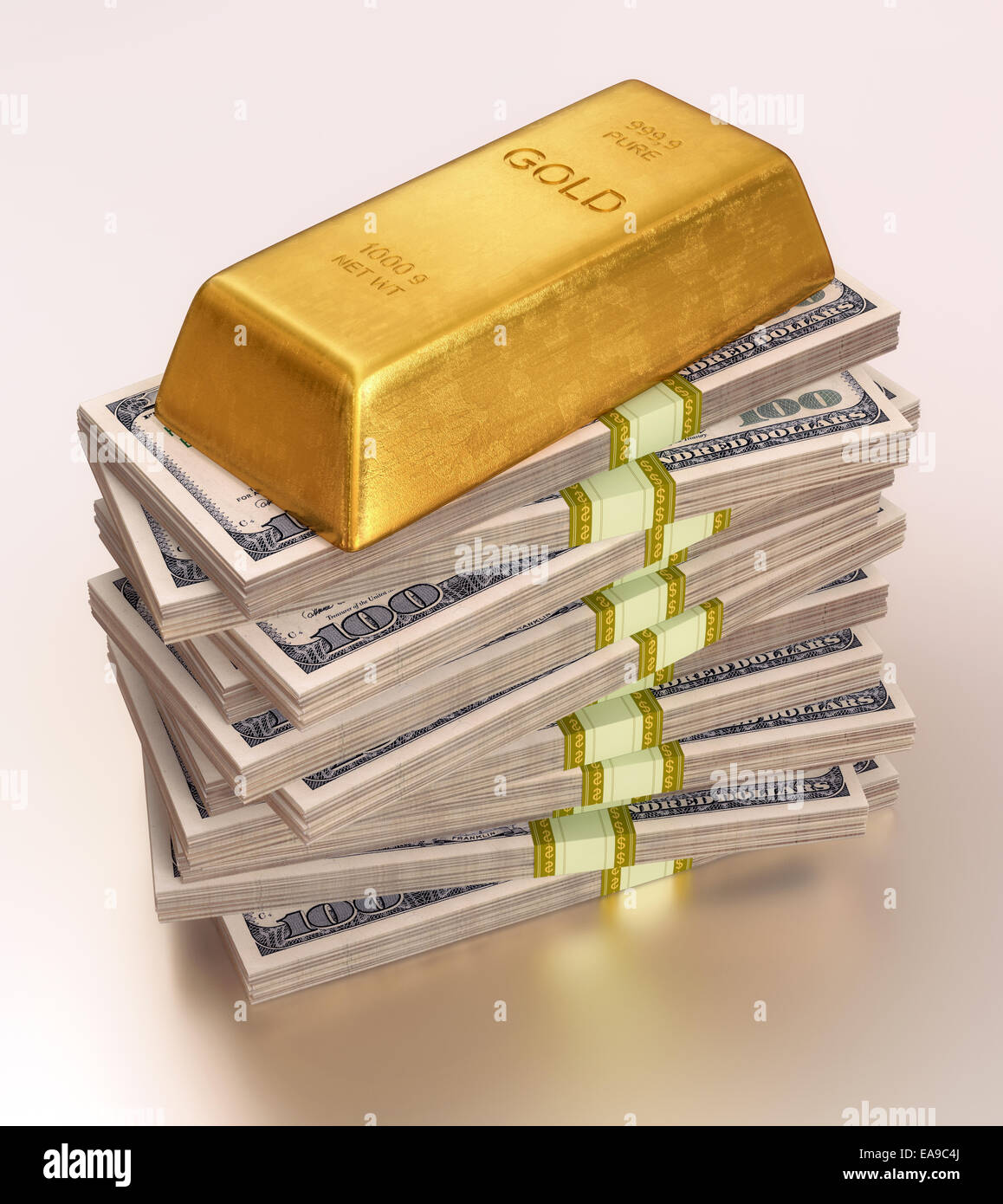 A bar of gold being used as a paperweight for notes dollars. Clipping ...