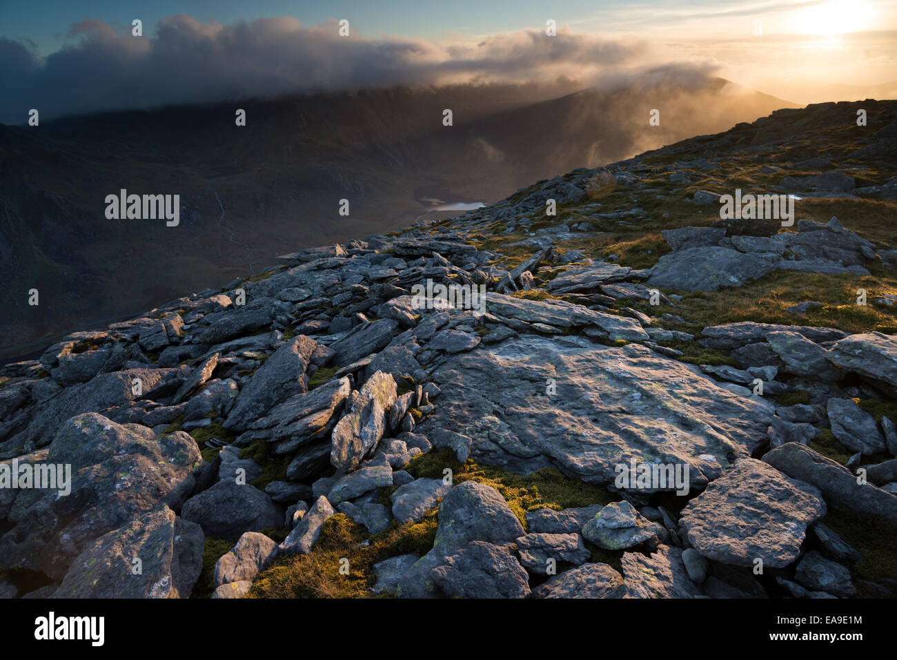 Clearing clouds over the Glyderau range, Summit of Pen Yr Ole Wen ...