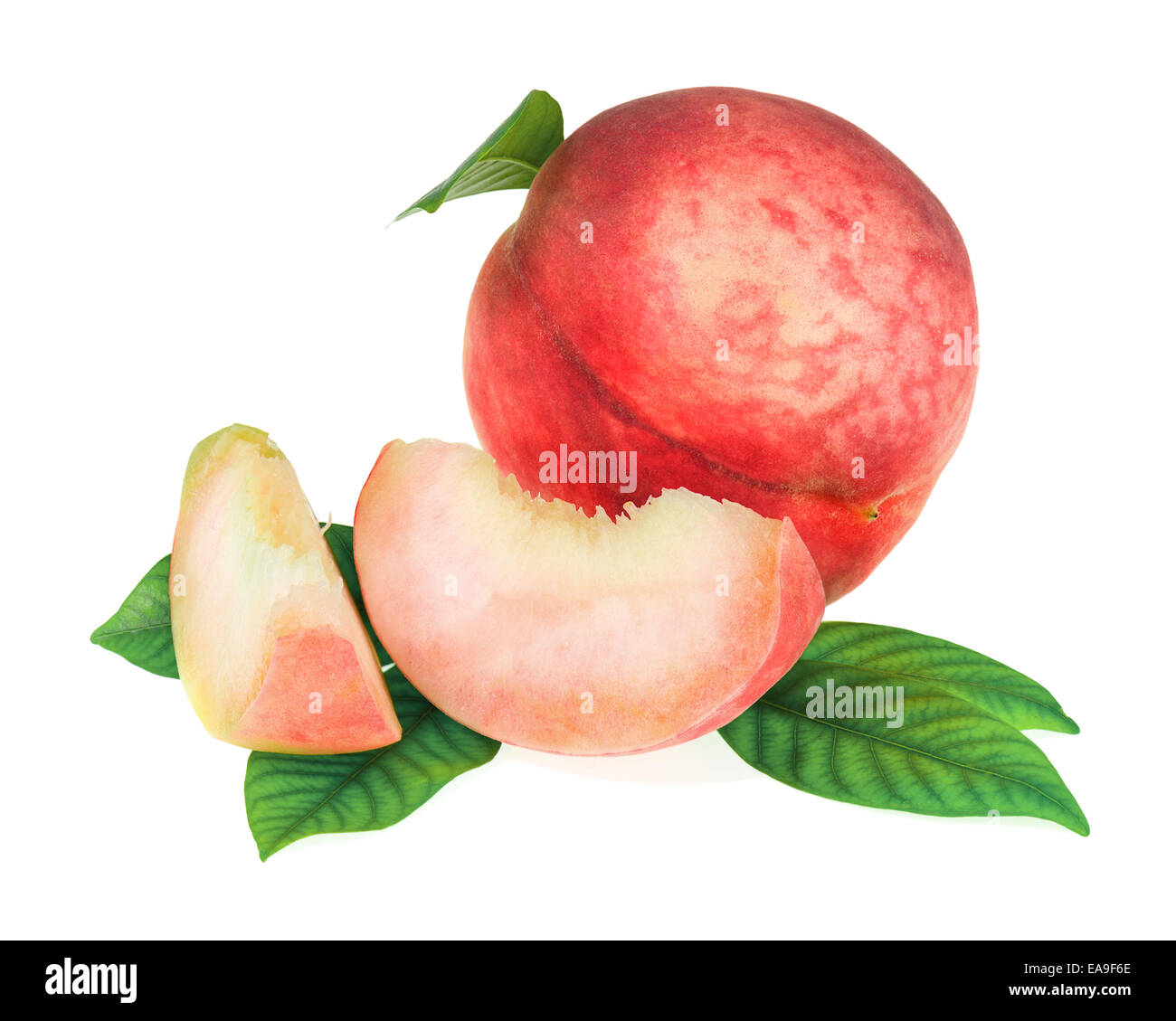 Fresh Peach Fruit with Cut and Green Leaves Isolated on White ...
