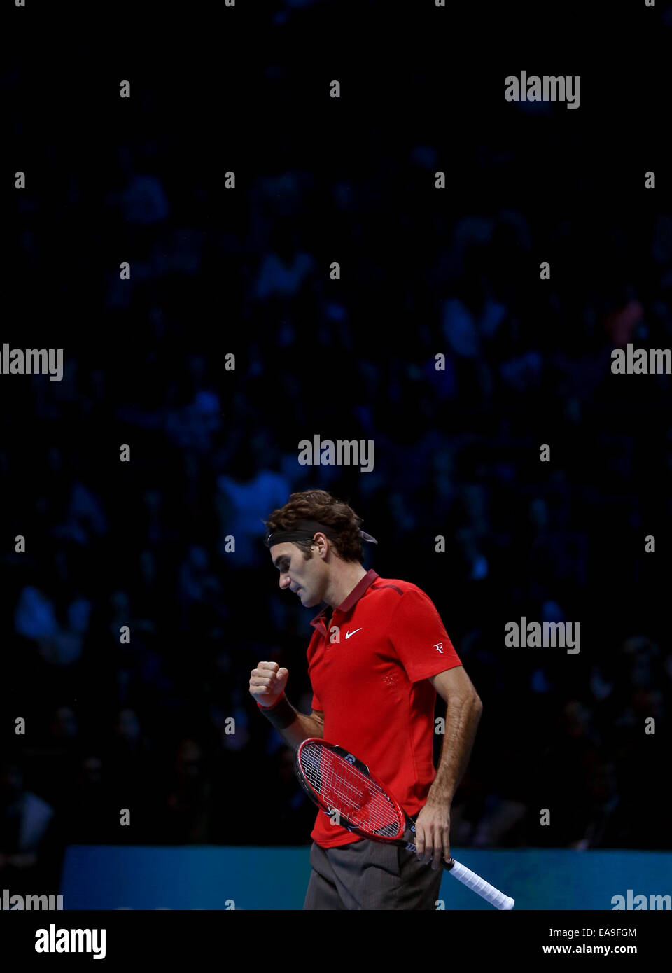 London, Britain. 9th Nov, 2014. Roger Federer of Switzerland celebrates ...