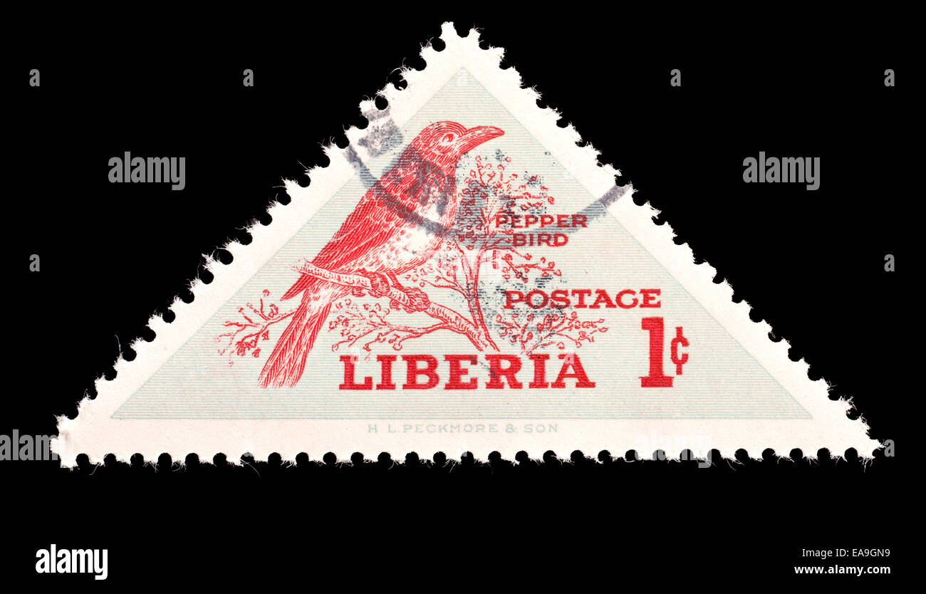 Postage stamp from Liberia depicting a pepper bird (Pycnonotus barbatus ...