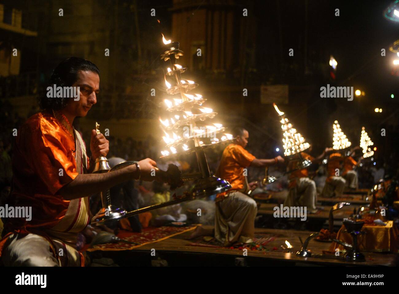 Varanasi, Uttar Pradesh. 9th Nov, 2014. A Hindu devotee performs the ...