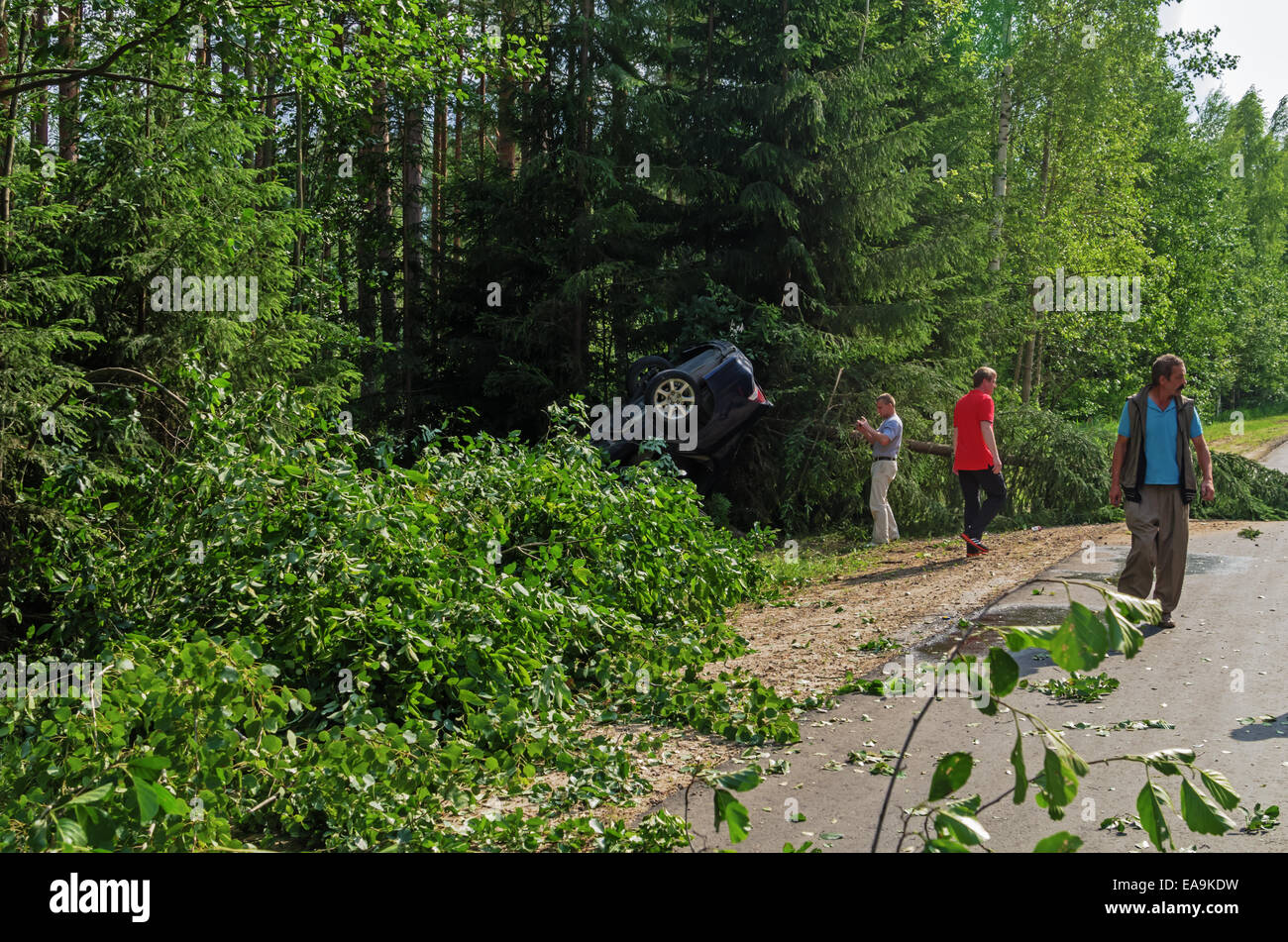 Damaged car after the traffic accident, turned overhead Stock Photo - Alamy