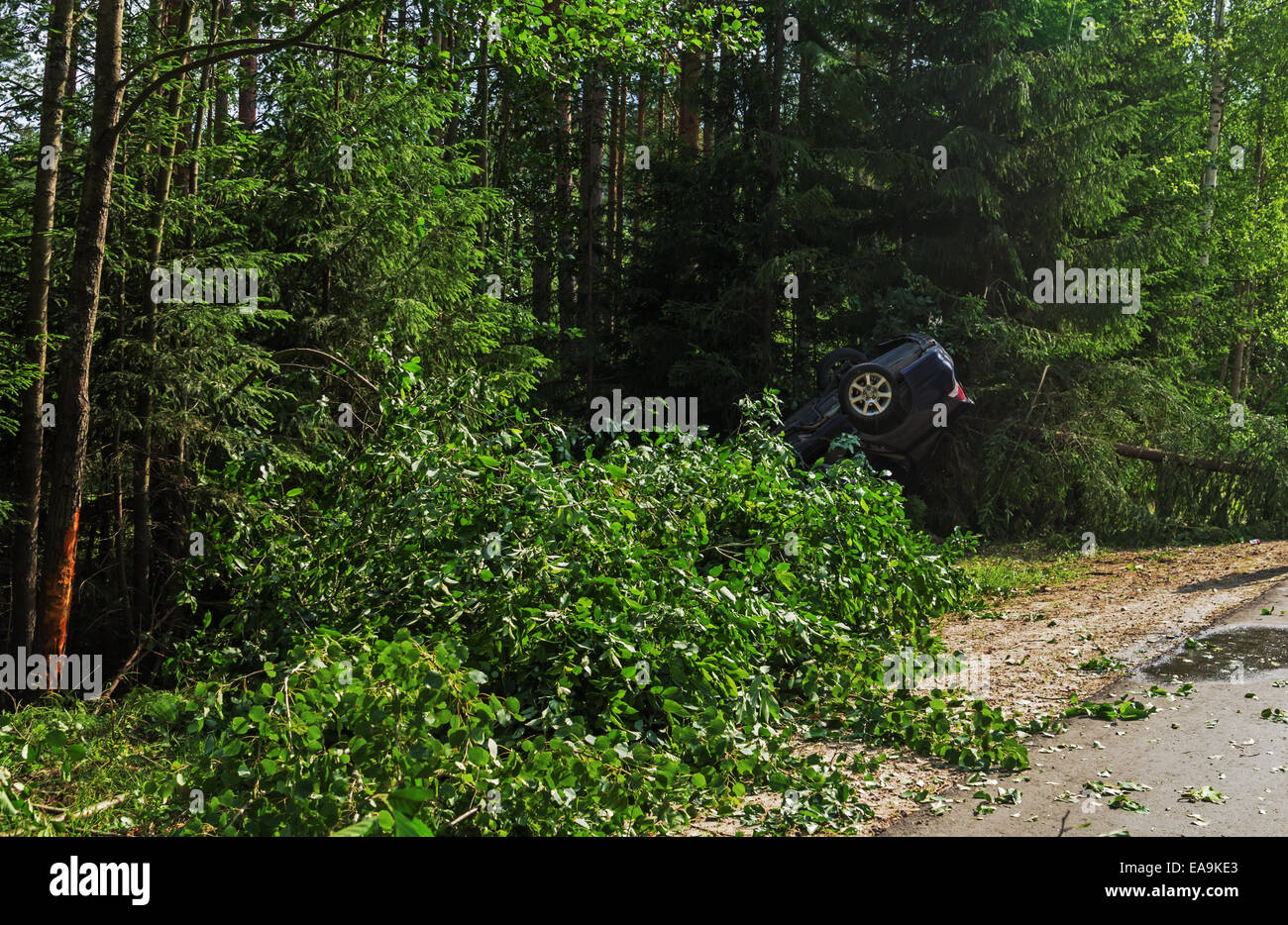 Damaged car after the traffic accident, turned overhead Stock Photo - Alamy