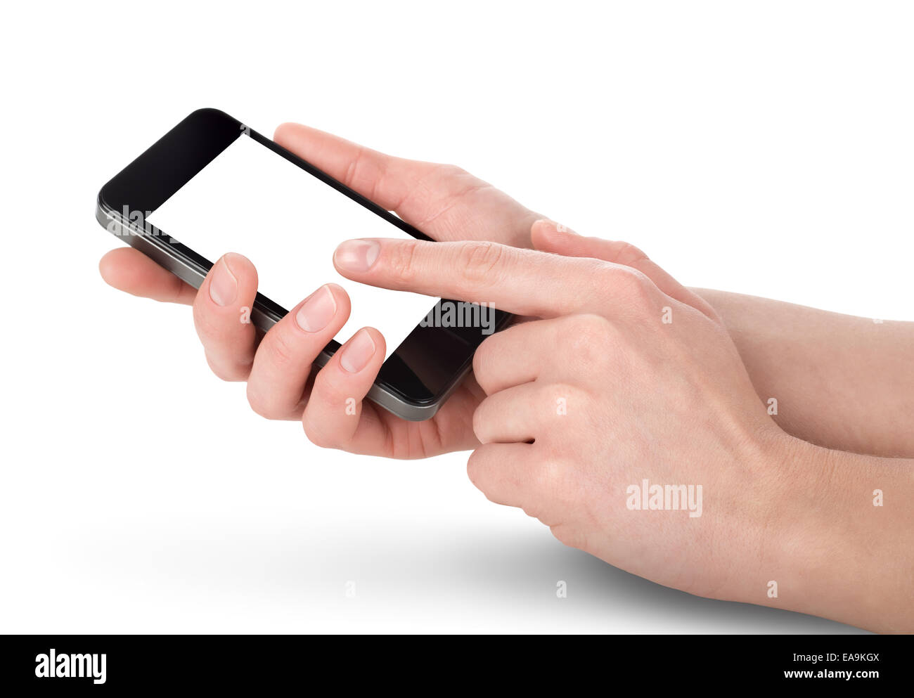 Mobile phone in hands isolated on white Stock Photo - Alamy