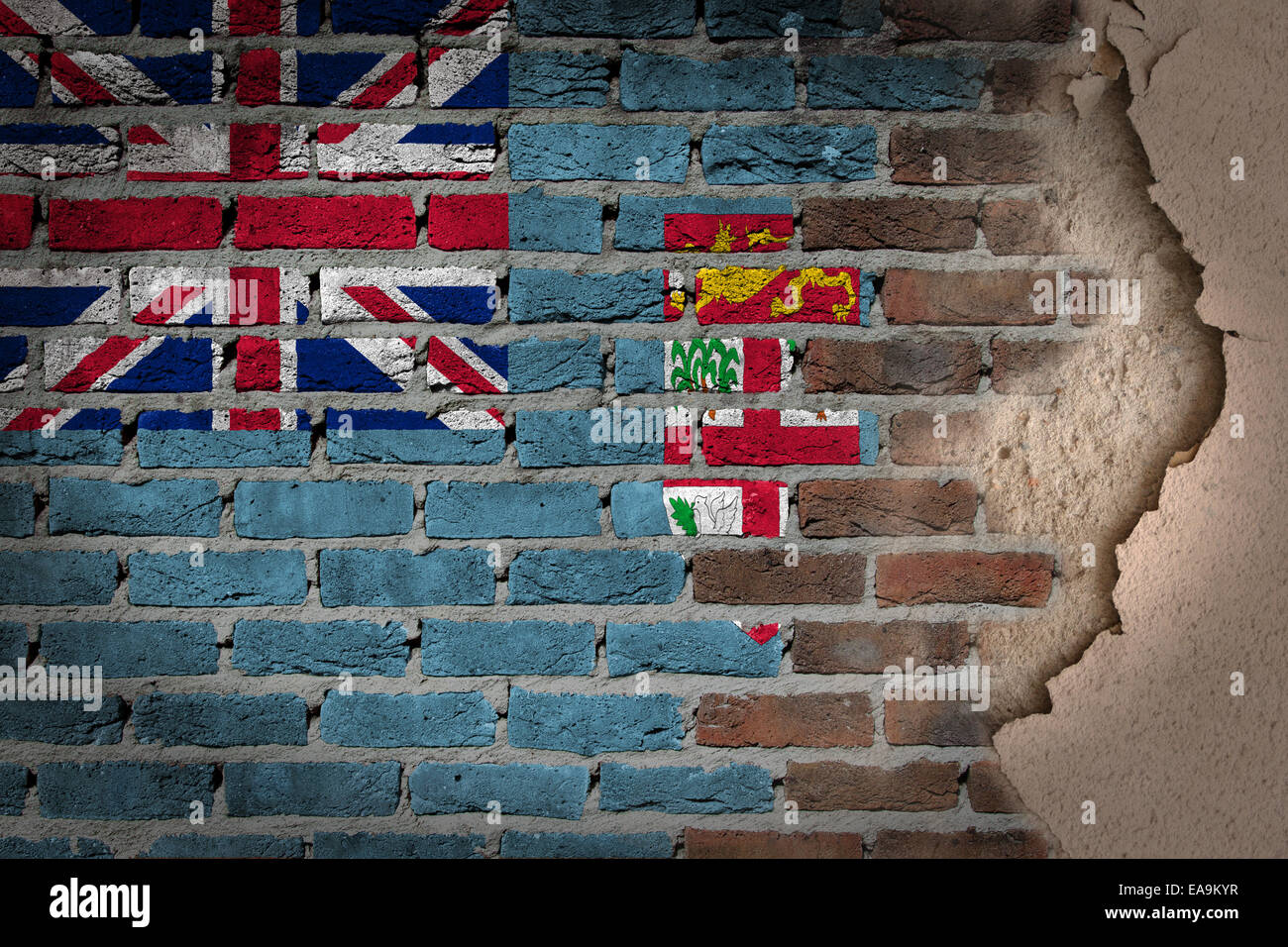 Dark brick wall texture with plaster - flag painted on wall - Fiji ...