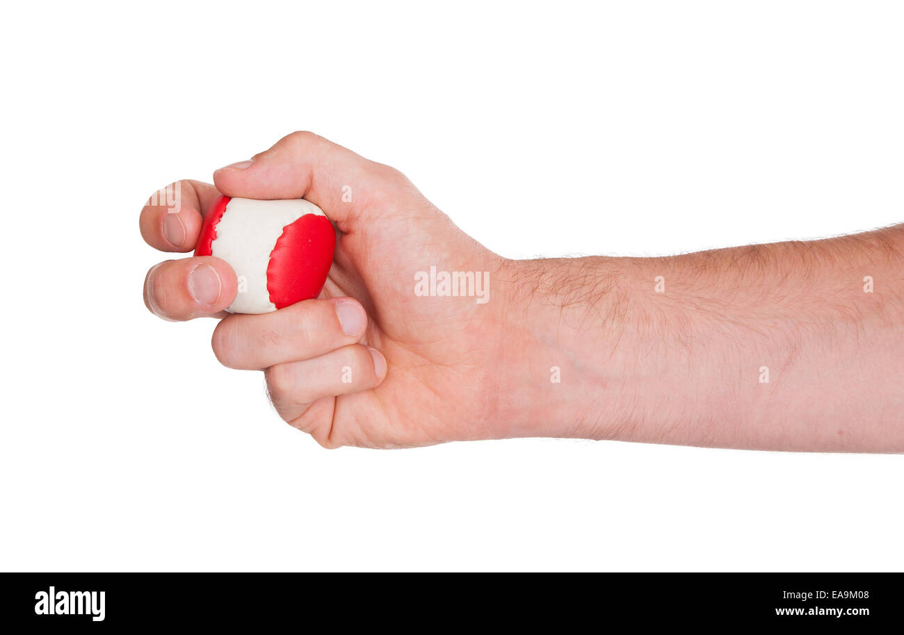 Closeup on white background of male hand with a red and white ball ...