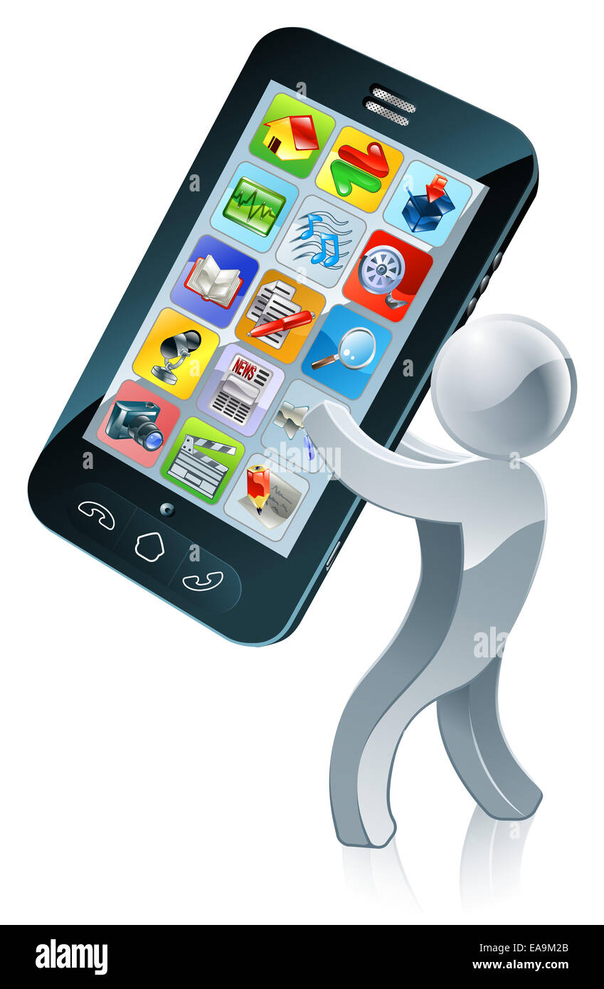 A silver mascot man holding up a big mobile phone Stock Photo - Alamy