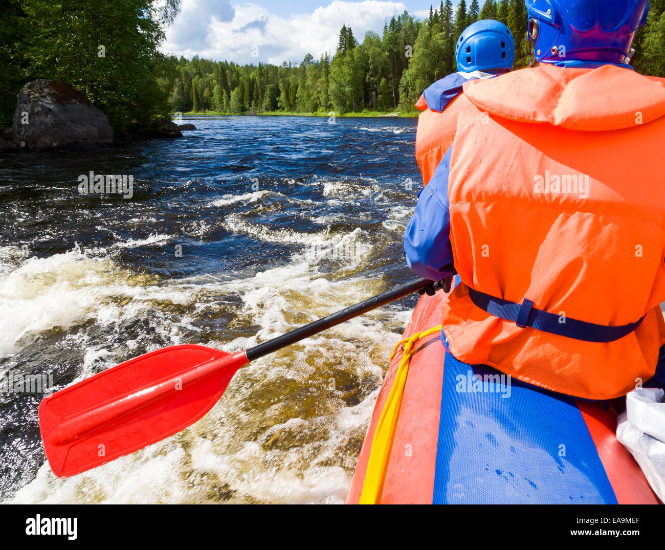 Rafters in a rafting boat on Pistojoki river in Karelia, Russia Stock ...