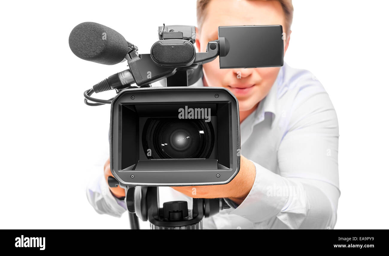Video camera operator isolated on white background Stock Photo - Alamy
