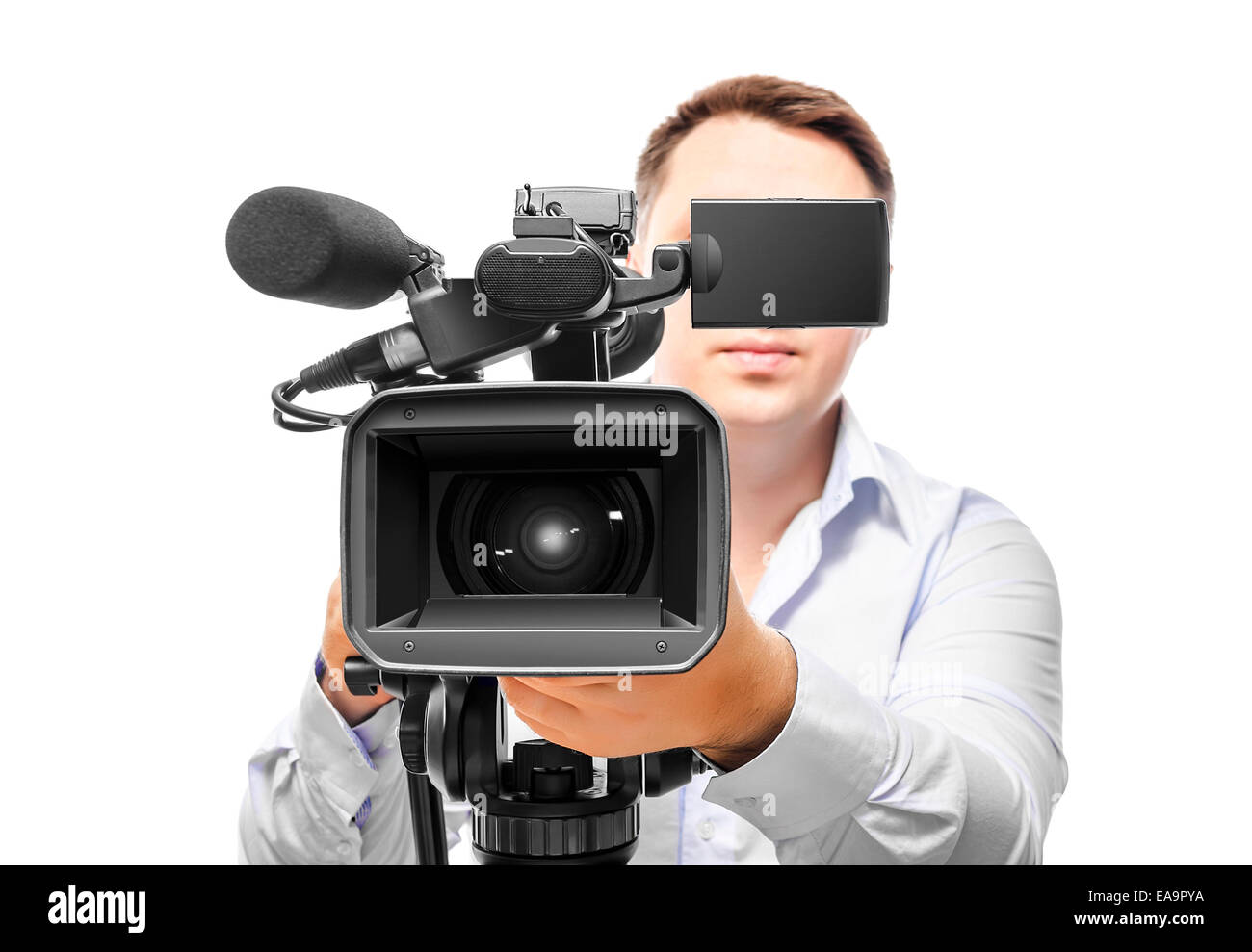 Video camera operator isolated on white background Stock Photo - Alamy
