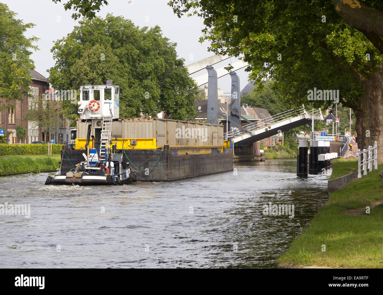 Transport of containers on the Rijn-Schie Canal in The Netherlands. The ...