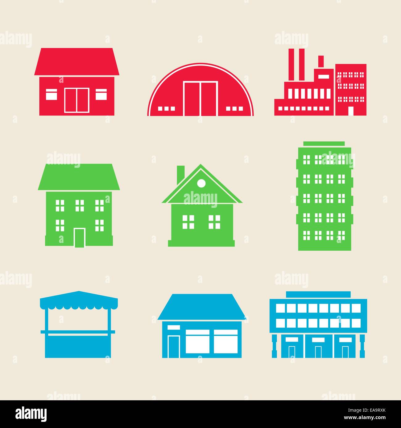 Set of commercial, residential and industrial building icons vector ...