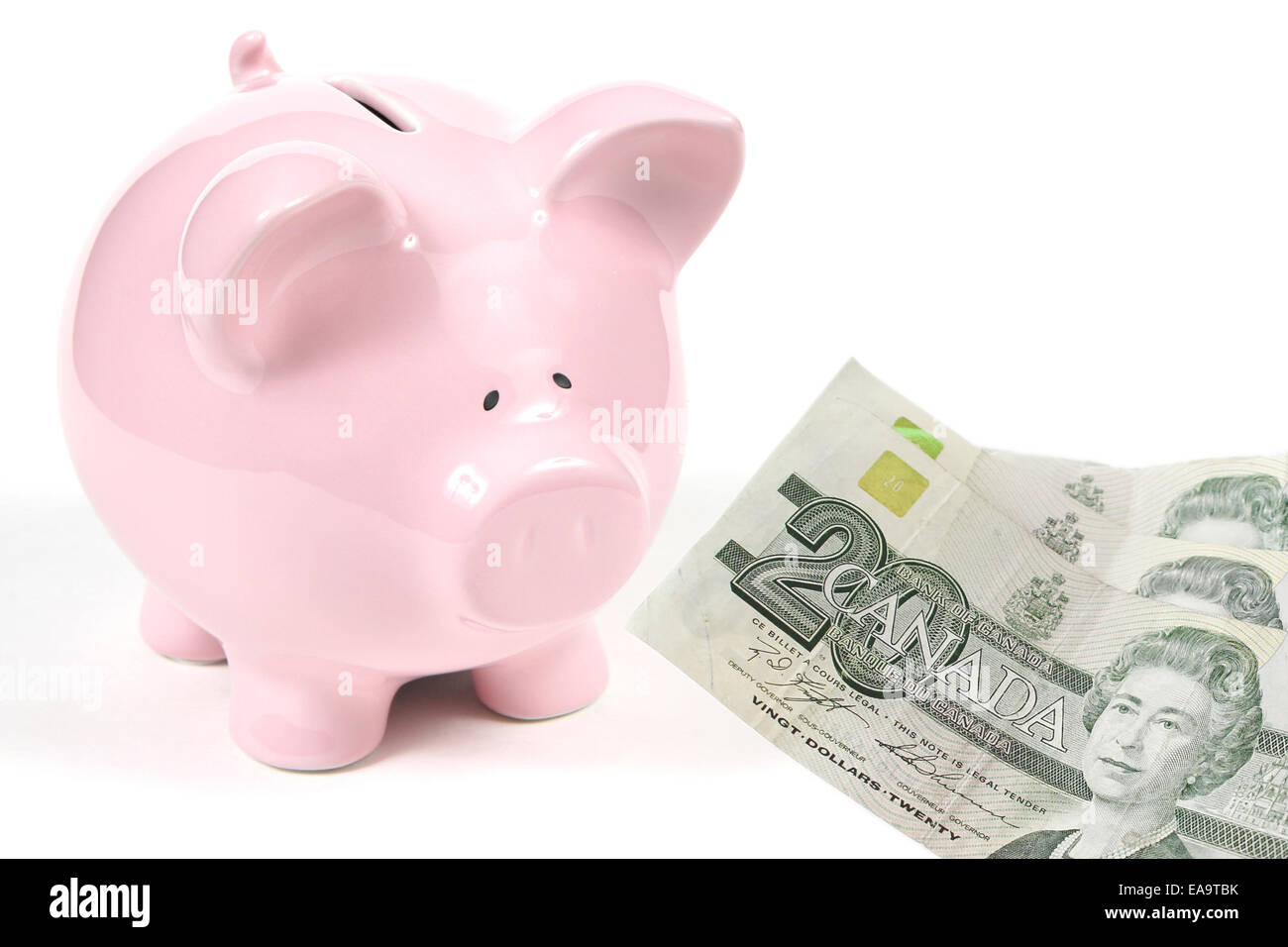 Pink Piggy Bank on isoalted on white background with twenty dollars ...