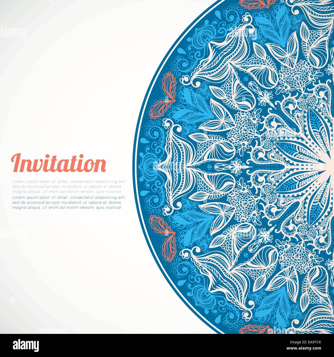 Ornamental blue invitation card on white template vector illustration ...
