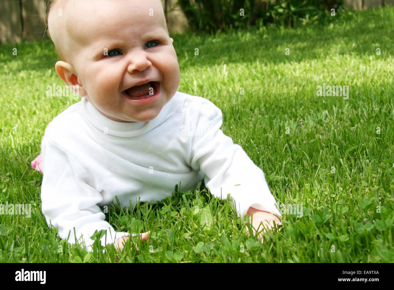 Little Baby Girl in grass in summer time Stock Photo - Alamy