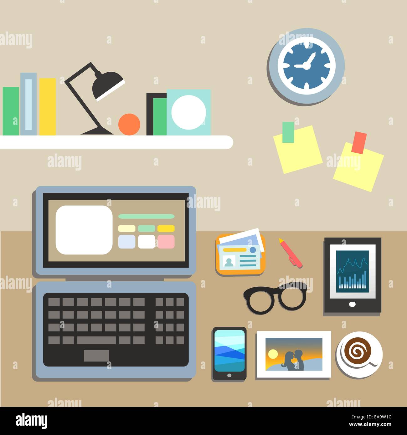 Set of office workplace items on the table vector illustration Stock ...