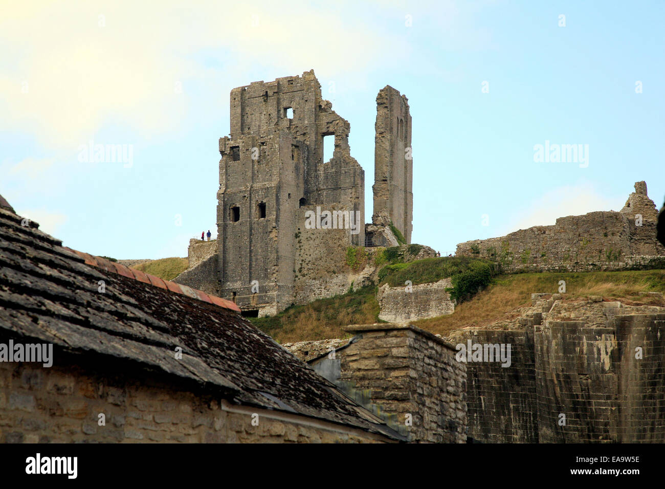The ruins and walls of Corfe Castle against a blue sky at Corfe Castle ...