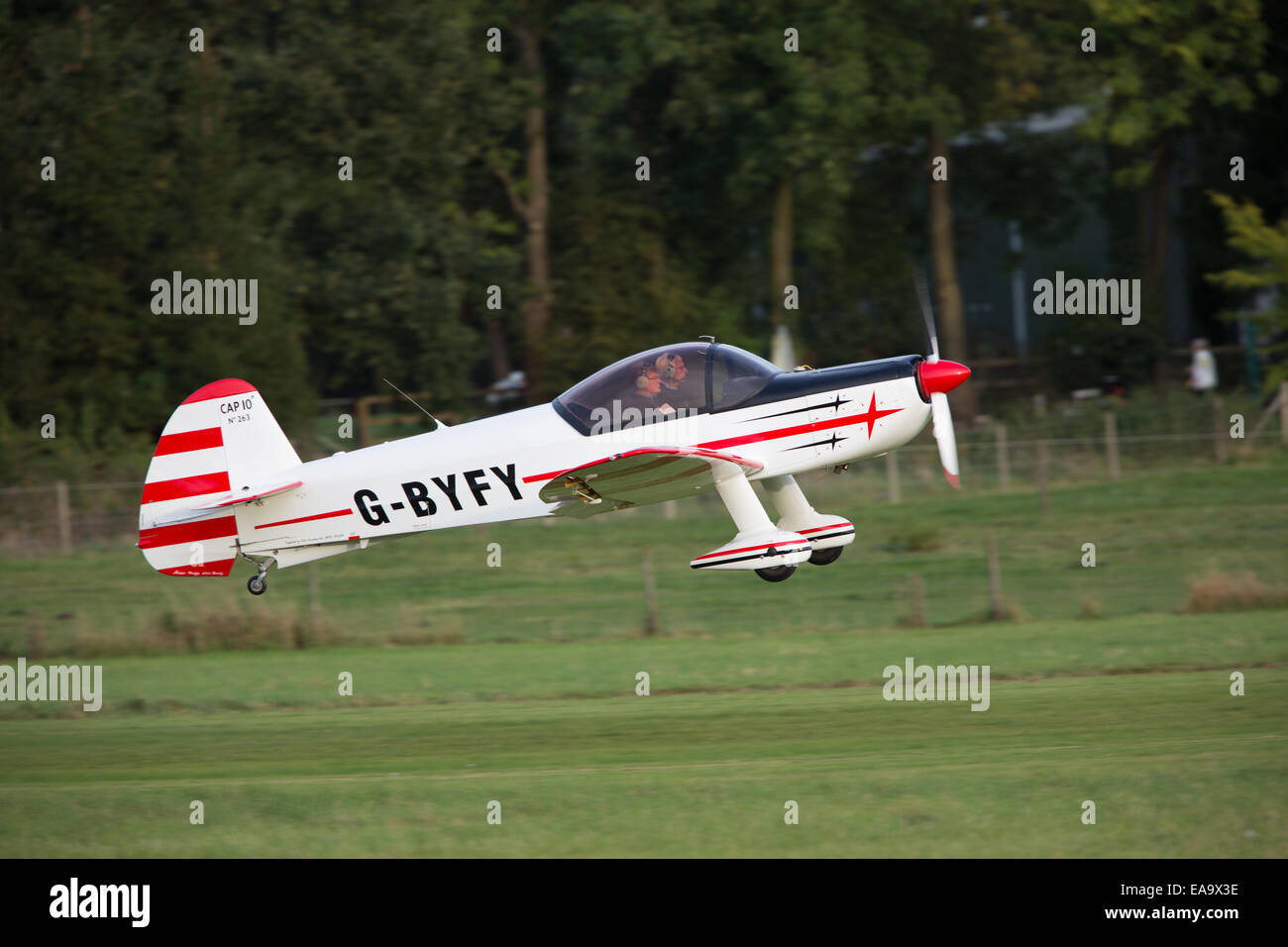 Mudry CAP 10 two-seat training aerobatic aircraft G-BYFY taking off ...