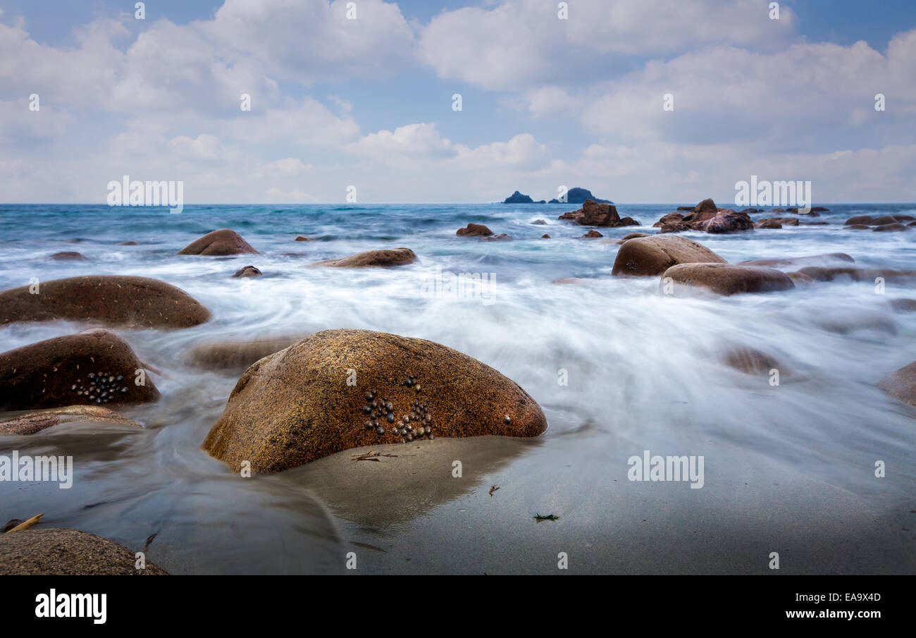 Porth Nanven Bay Cornwall long exposure seascape with prominent Rock ...