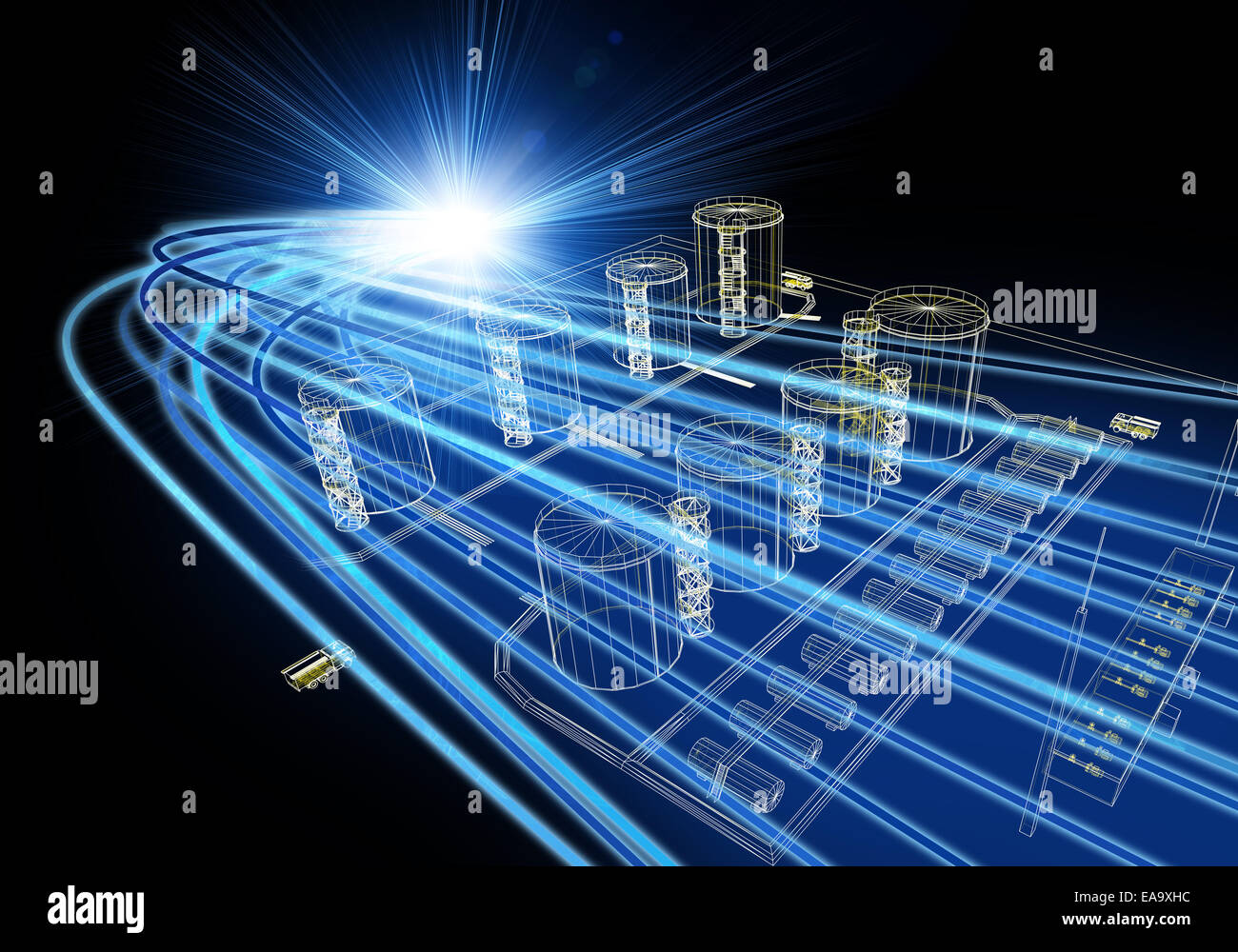 Wire-frame industrial tanks with light on dark background Stock Photo ...