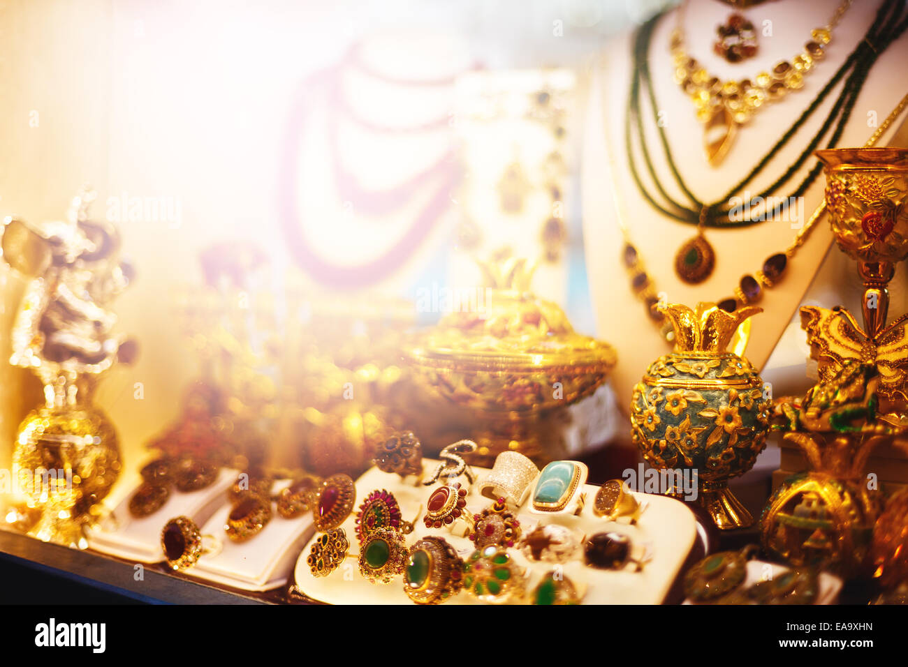 Eastern jewelry market with rings, necklaces and traditional souvenirs ...