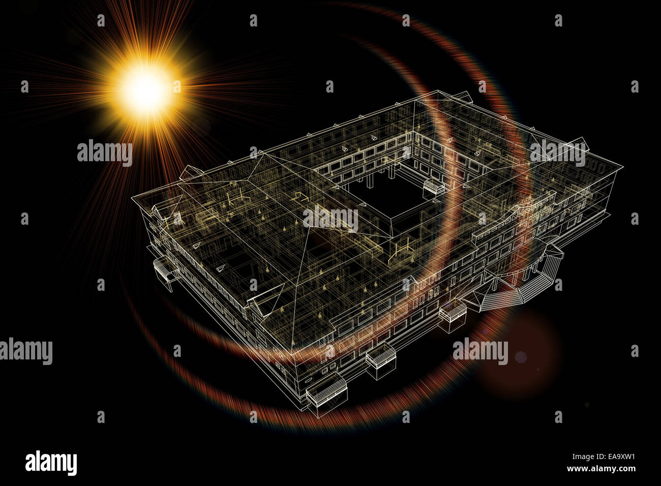 Wire-frame buildings with light on dark background Stock Photo - Alamy