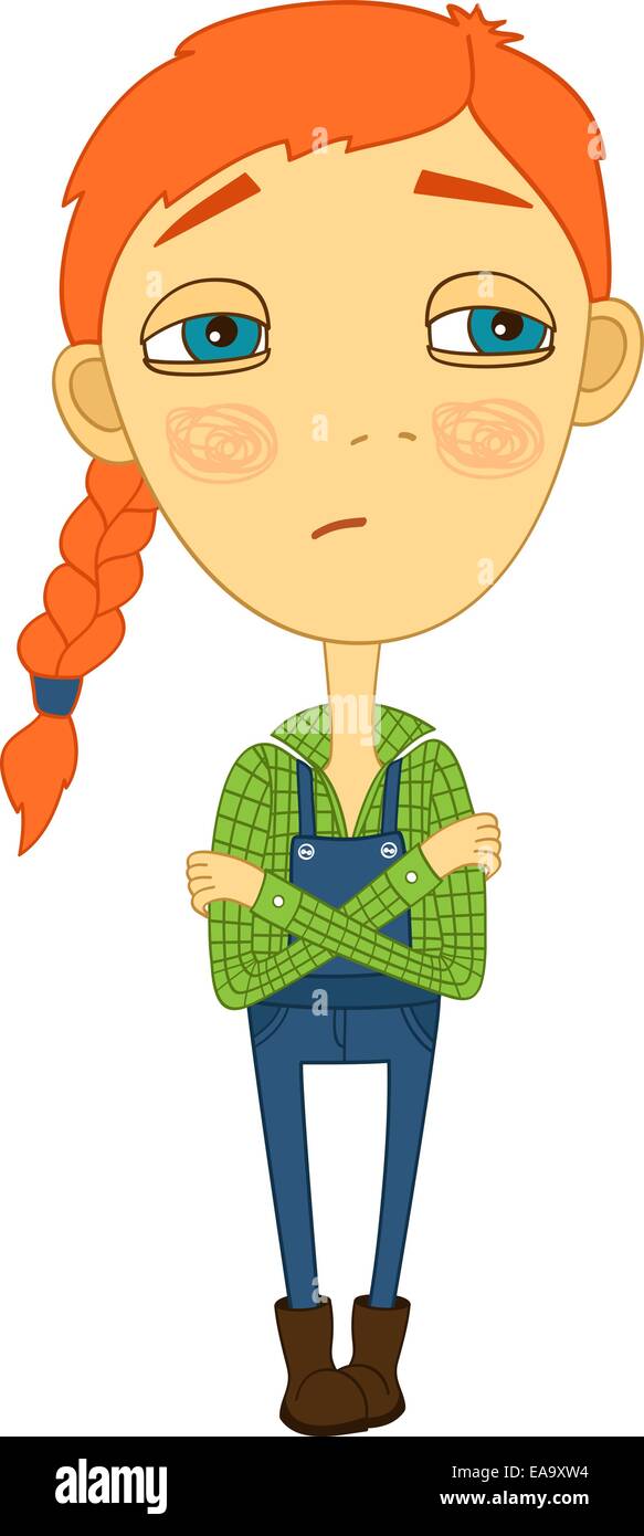 Sulky girl with braid and big eyes not smiling for print isolated ...