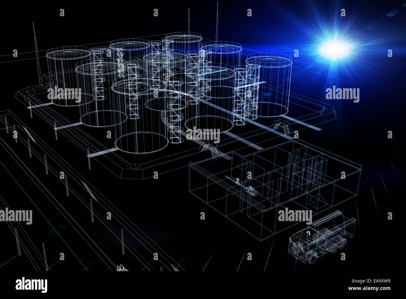 Wire-frame industrial tanks with light on dark background Stock Photo ...