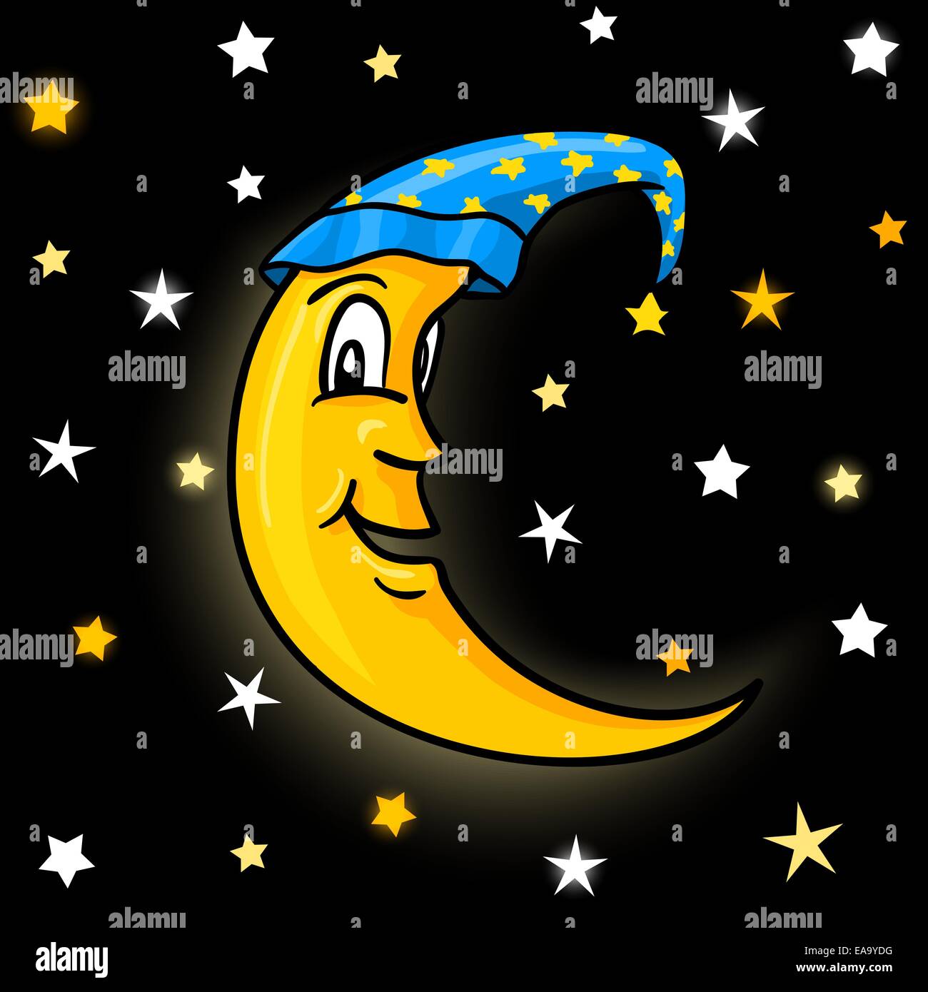 Moon in nightcap with stars on night sky vector illustration Stock ...