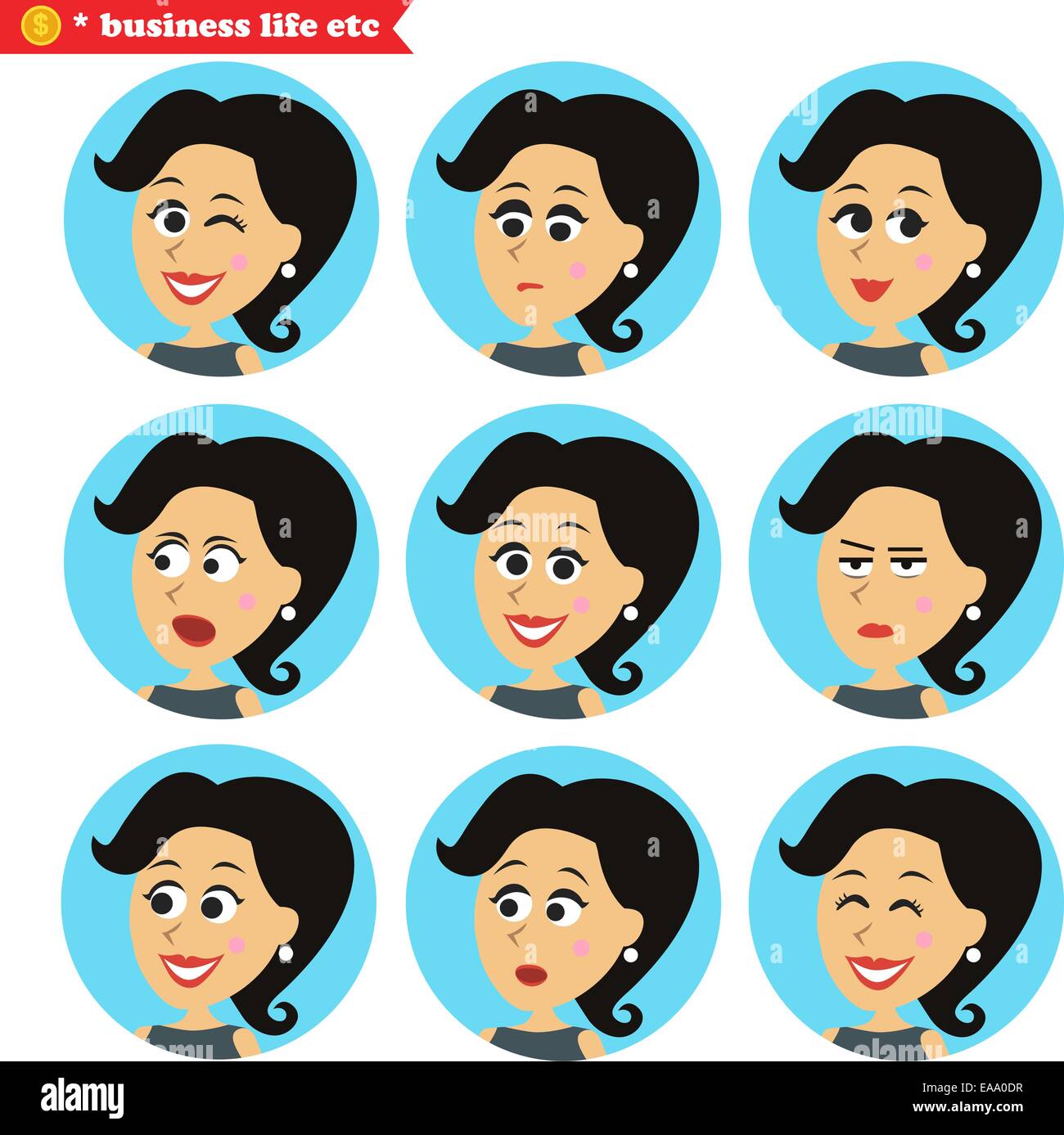 Business women life. Facial emotions icons set vector illustration ...