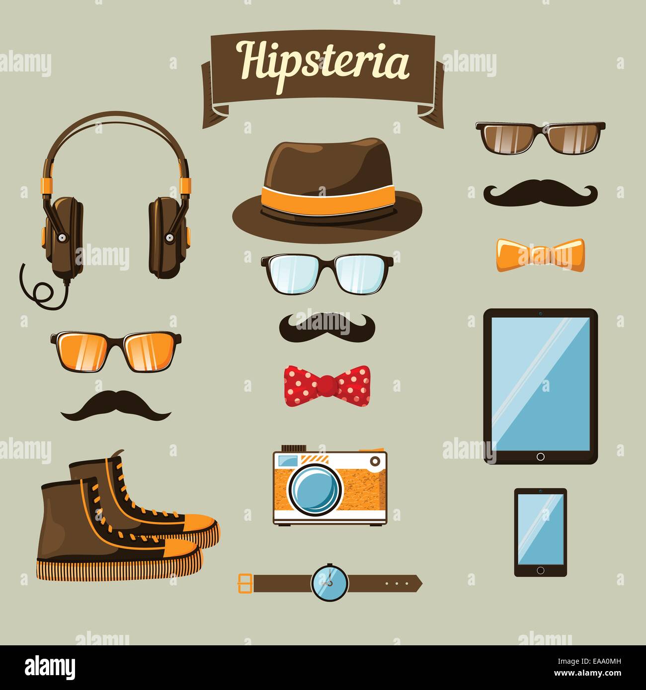 Hipster devices icons set of headphones music player clock and retro ...