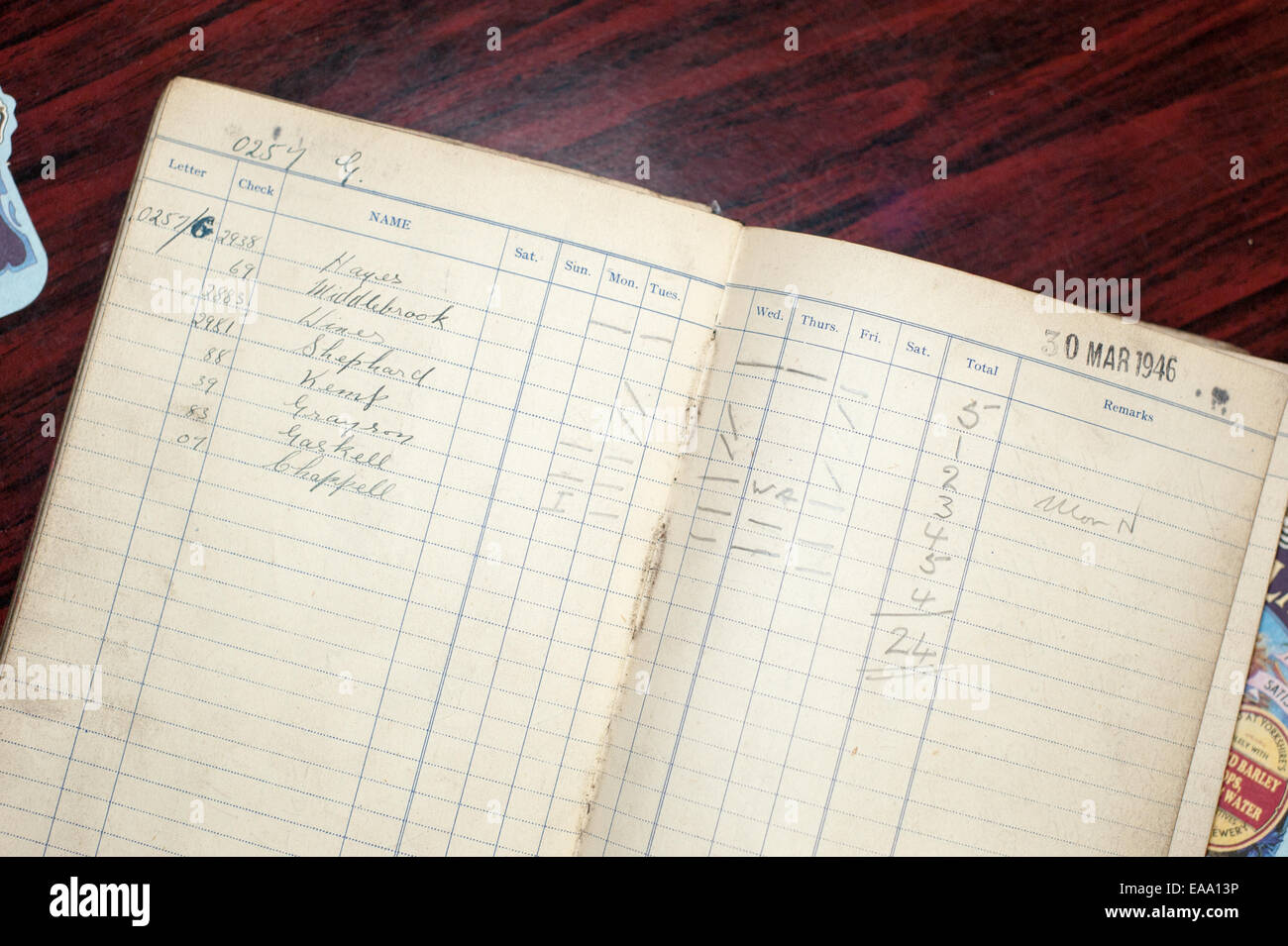 Vintage UK coal mining deputies’ pay book open on a table, showing ...