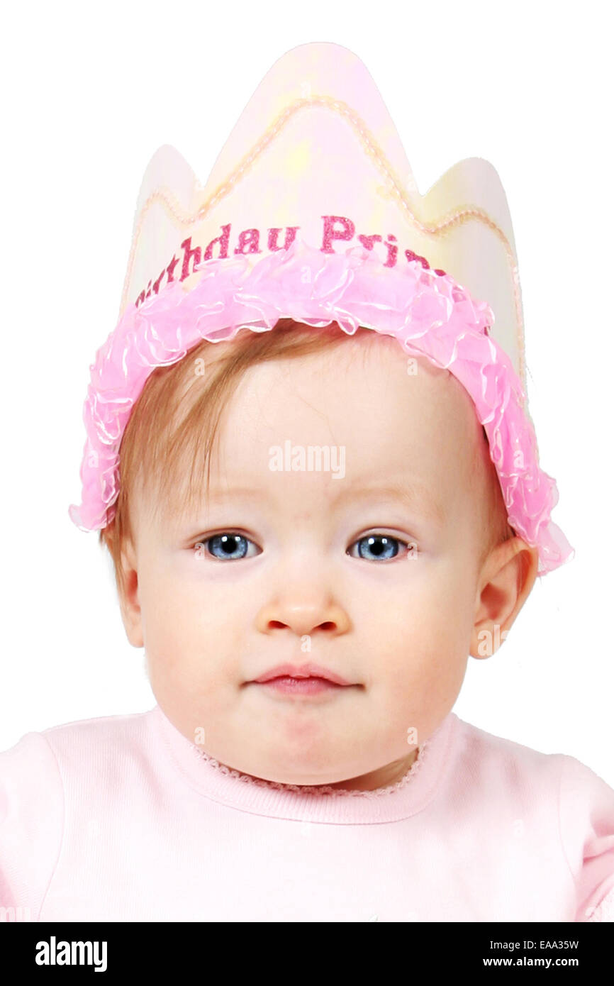 Little Baby Girl in Pink dress and birthday hat and hands in air Stock ...