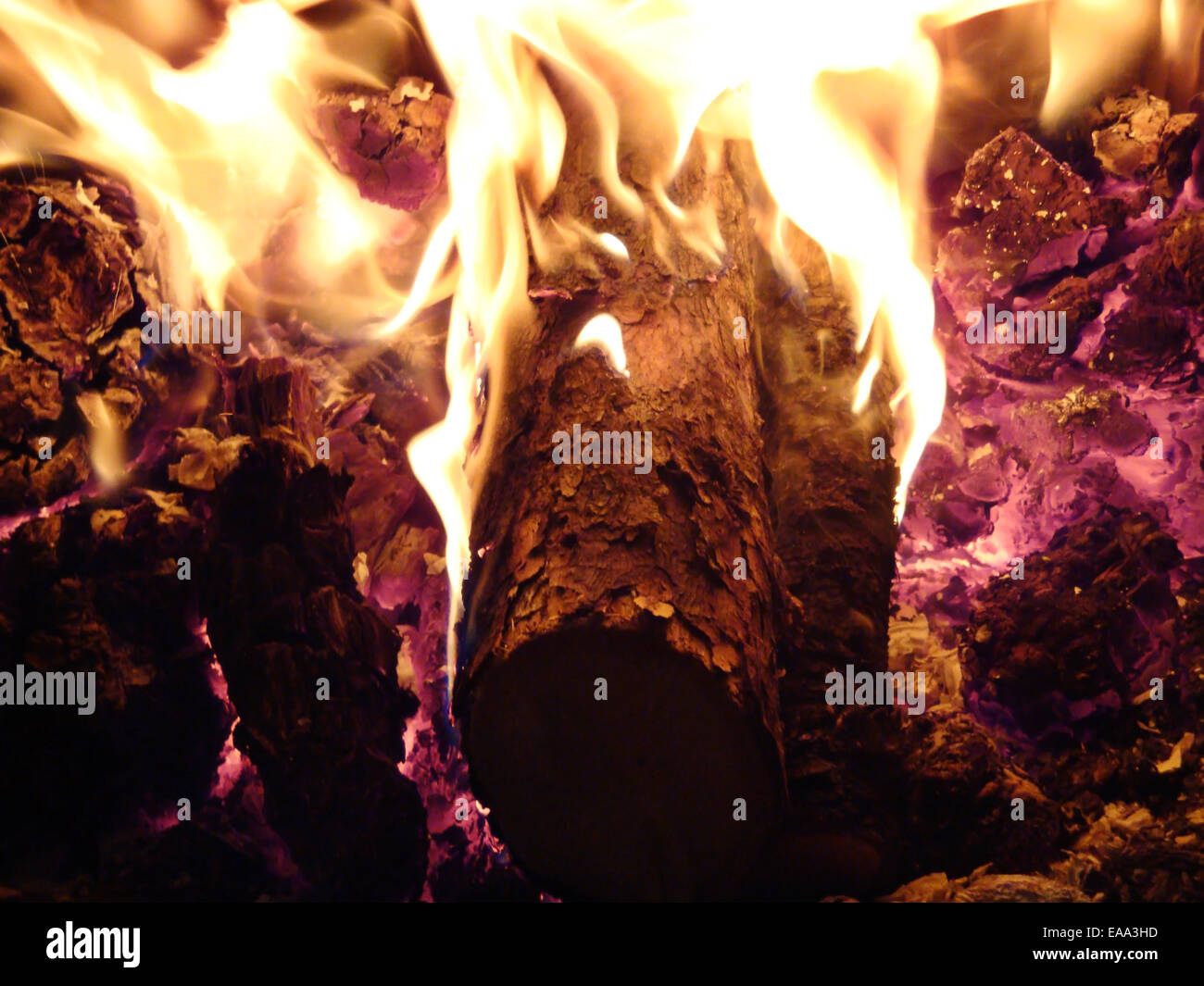 Fire in Fireplace with red and blue flames Stock Photo - Alamy