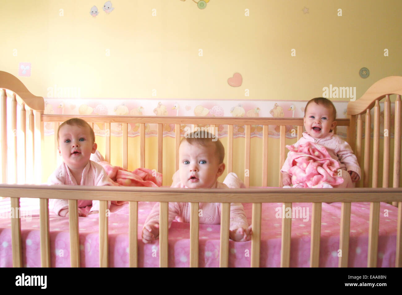 Little Baby Girls In Crib Together Triplets Stock Photo Alamy
