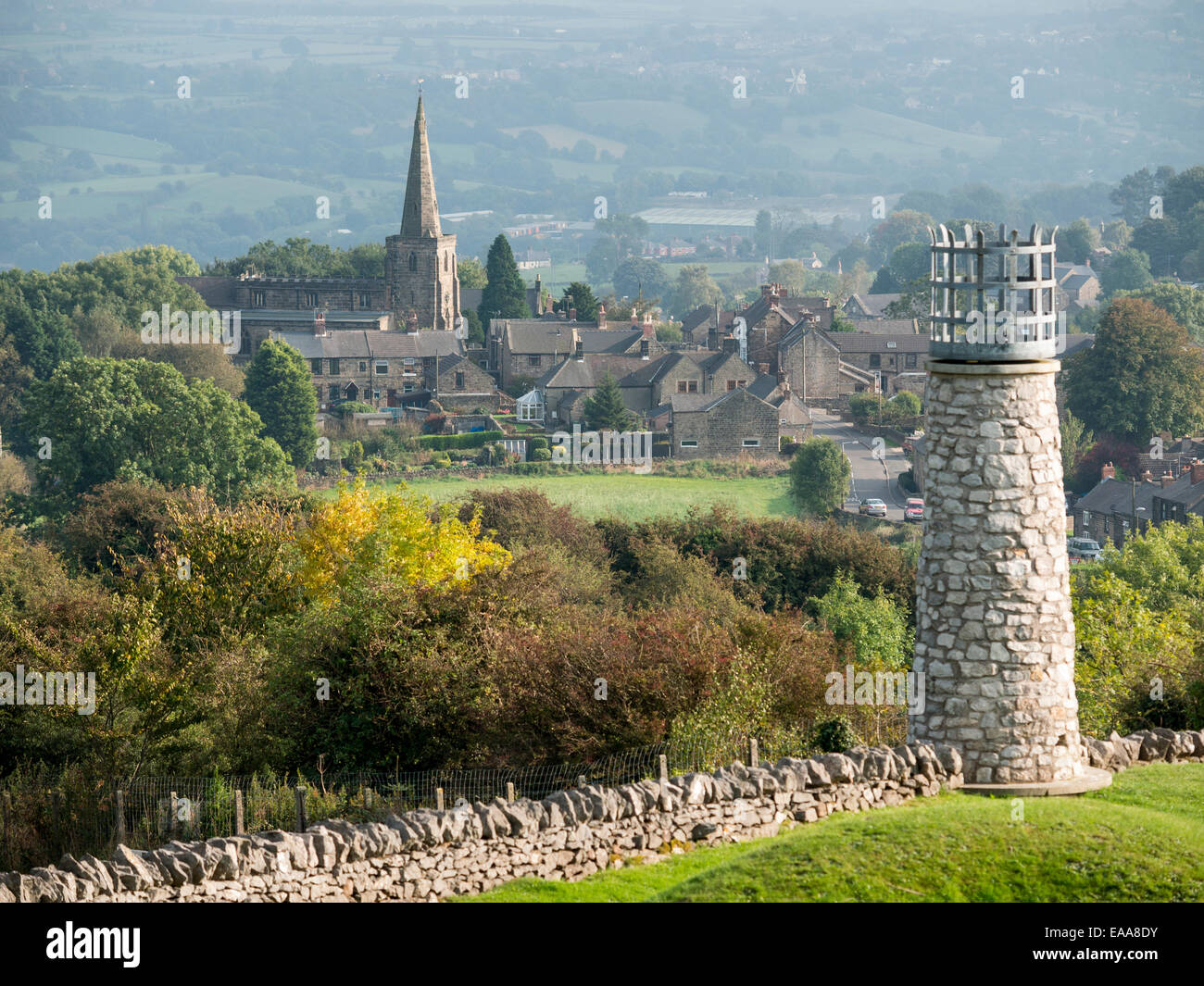 The town of Crich,with the tower of St Marys Church and the bonfire ...