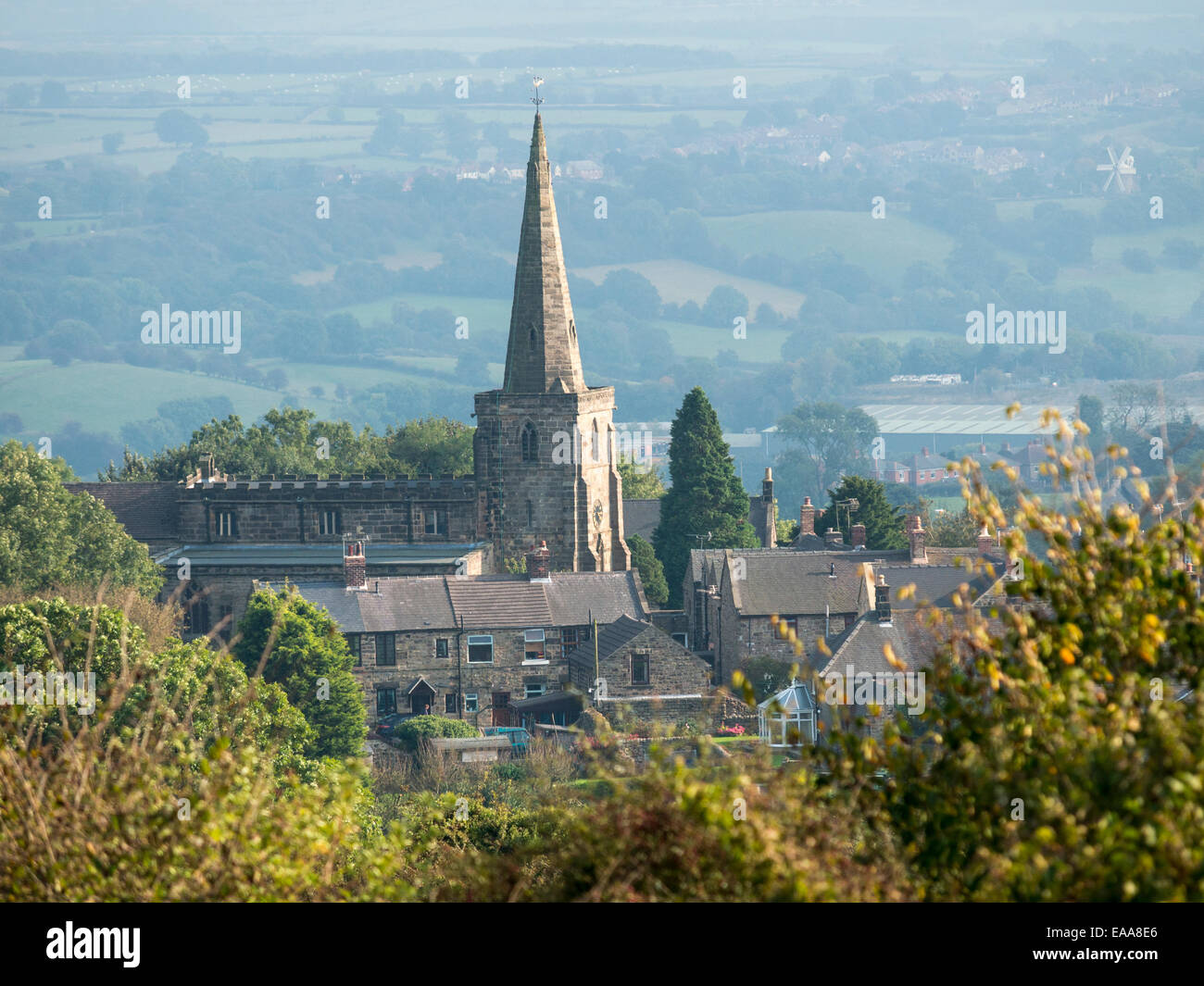 The town of Crich,with the tower of St Marys Church and the bonfire ...