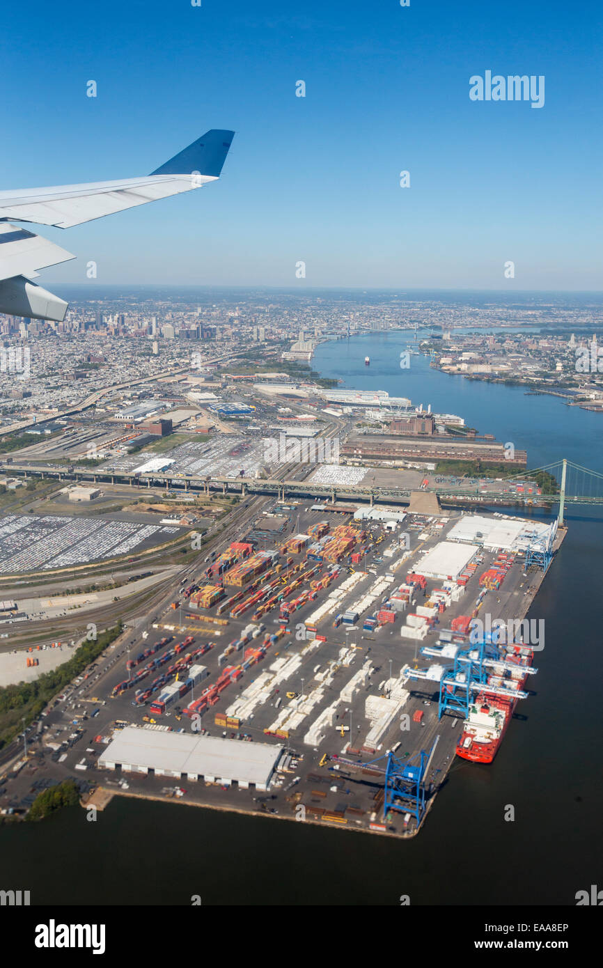 Flying over Philadelphia port on the Delaware River, USA Stock Photo ...