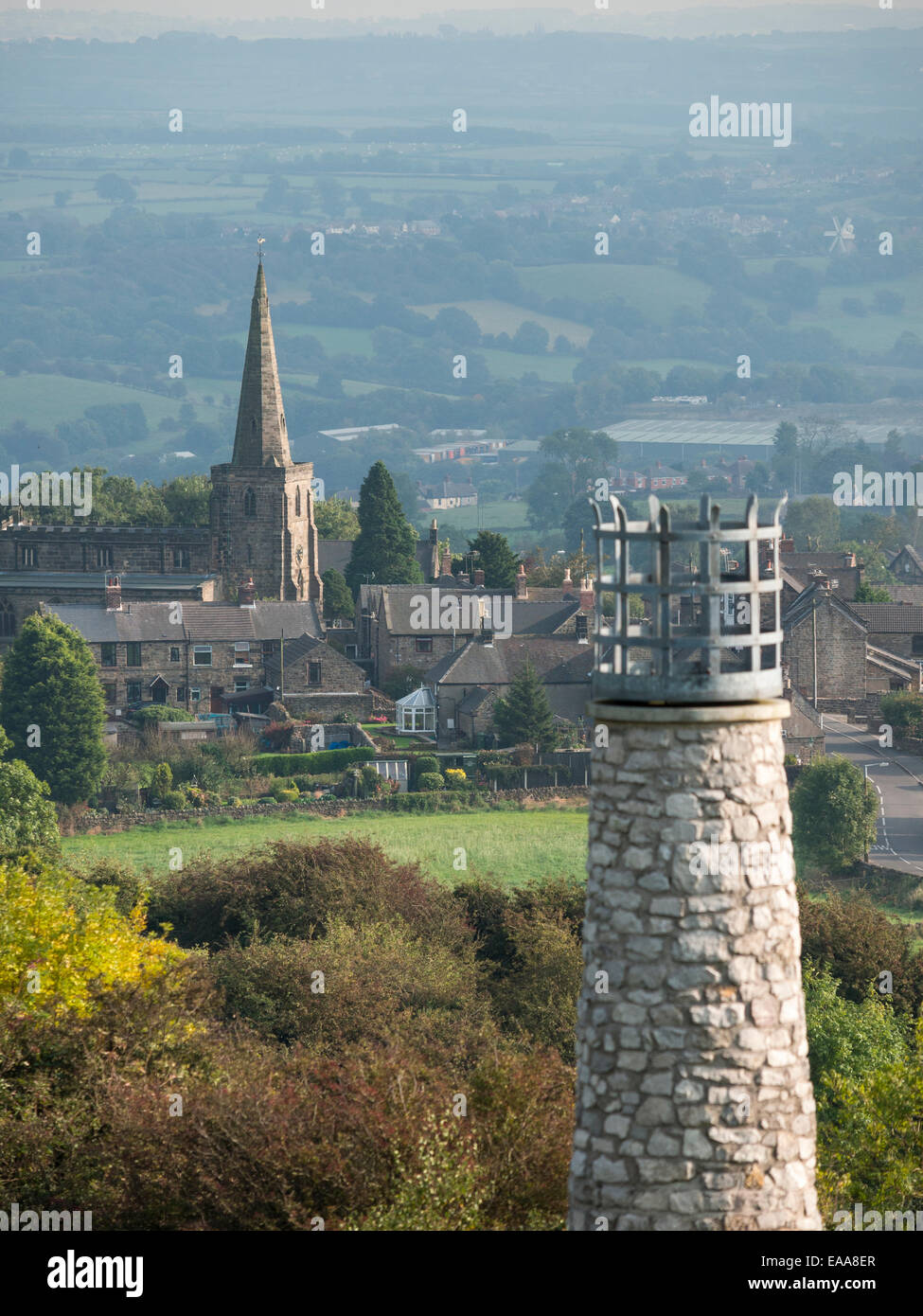 The town of Crich,with the tower of St Marys Church and the bonfire ...