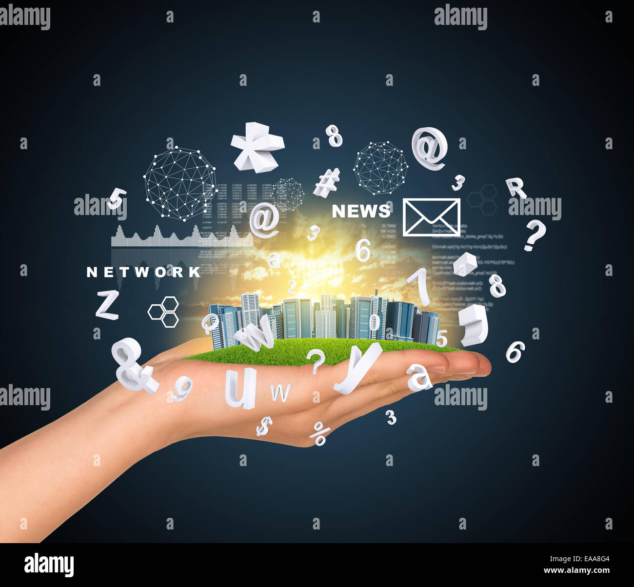 Hand holds city of skyscrapers. Flying letters and graphs Stock Photo ...