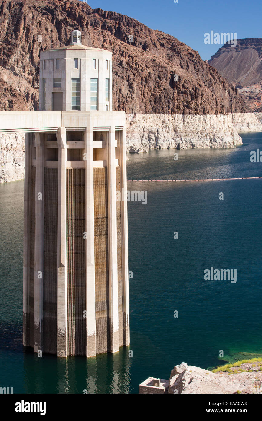 Intake towers for the hydro plant on the Hoover Dam, Lake Mead, Nevada ...