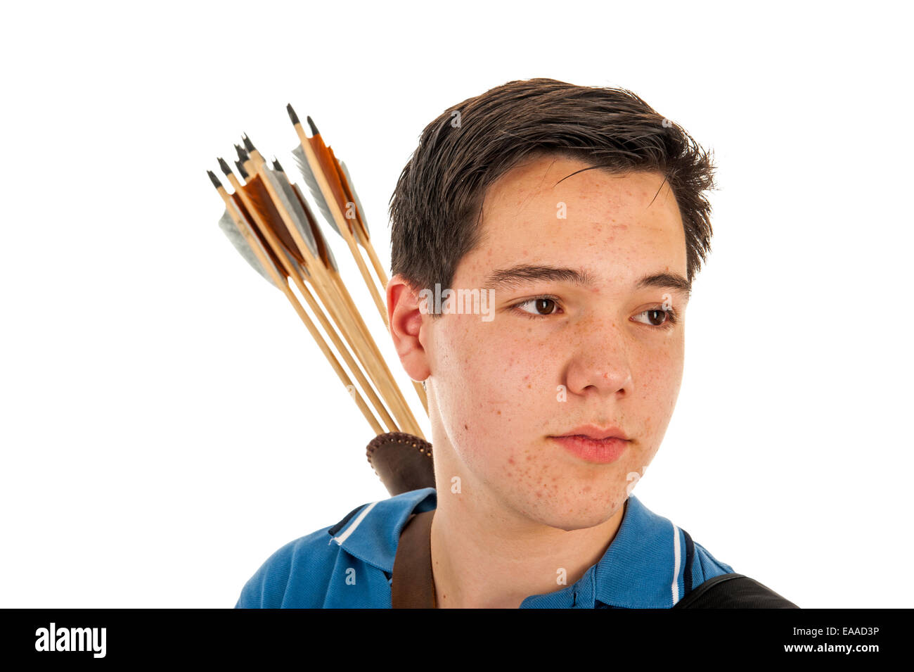 Boy archer with blue shirt and arrows in closeup Stock Photo - Alamy