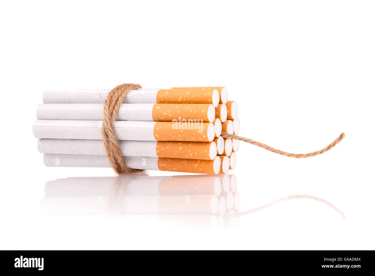 Cigarettes together in dynamite style with fuse, isolated in white ...