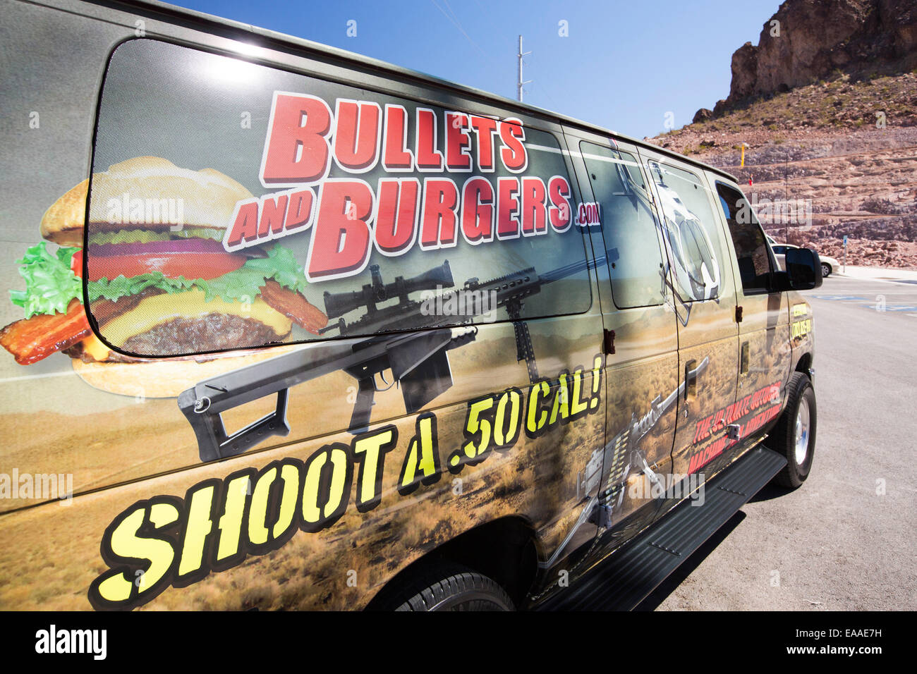 A truck advertising a bullets and burgers joint, where you can shoot a ...